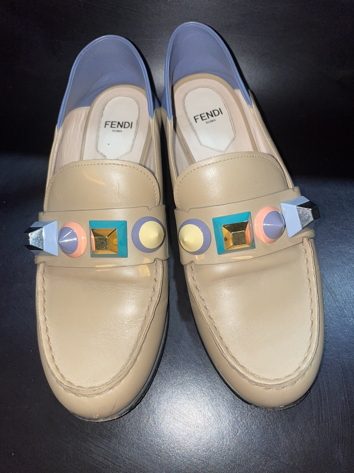 FENDI RAINBOW STUDDED LEATHER LOAFERS IN BEIGE SIZE- … - Gem