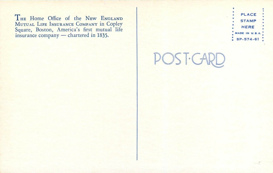 New England Mutual Life Insurance Co Copley Sq Boston Massachusetts MA ...