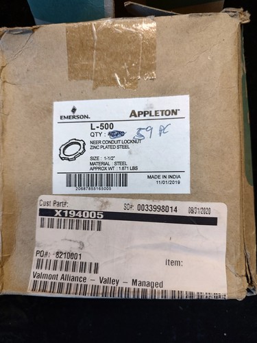 L-500 - Appleton Emerson Neer 1-1/2" Zinc Plated Steel Conduit Locknut - (59 EA) | eBay
