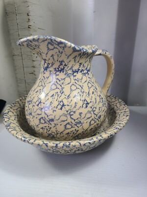 Robinson Ransbottom Blue Spongeware Pitcher & Bowl/Basin Set ...