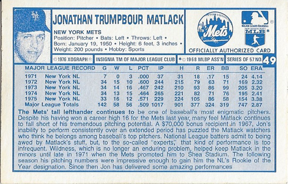 1976 3-D Super Stars Xograph JONATHAN MATLOCK New York Mets #49 | eBay