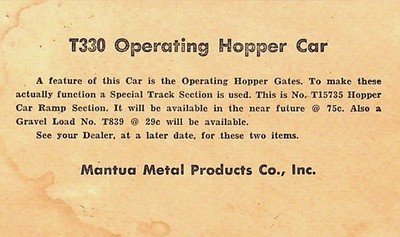 T330 Mantua Metal Products Co Operating Hopper Car CARD ONLY - ZZ-64 | eBay