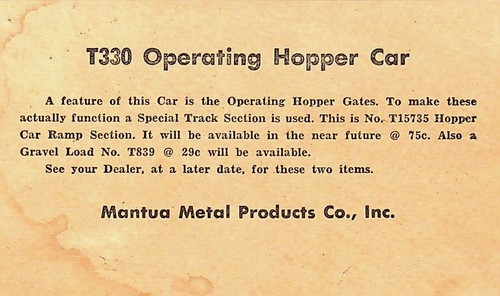 T330 Mantua Metal Products Co Operating Hopper Car CARD ONLY - ZZ-64 | eBay