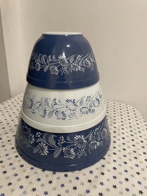 PYREX - 3 Blue & White COLONIAL MIST Mixing, Nesting Bowl Set - 401 402 ...
