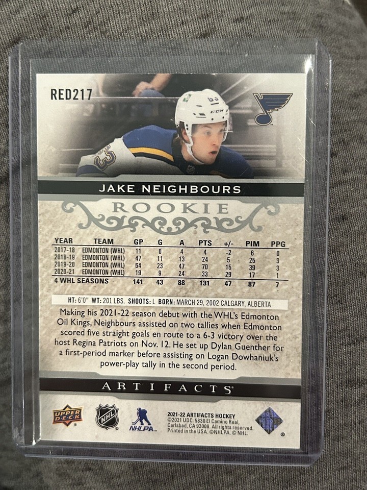 2021-2022 Jake Neighbours Rookie /999 Artifacts St. Louis Blues ...