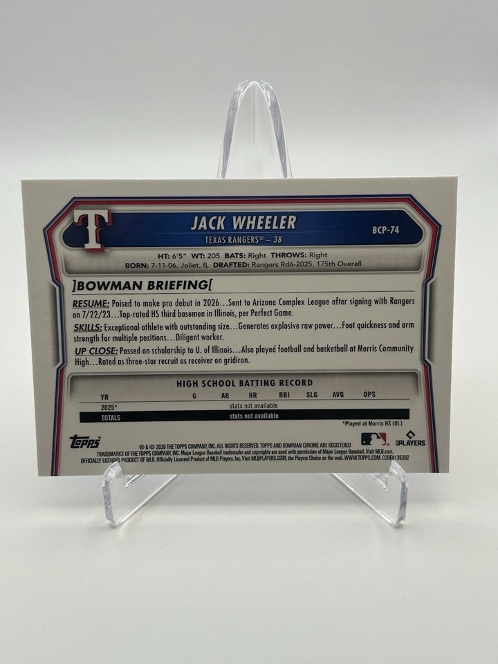 2026 Bowman Jack Wheeler Chrome Prospects #BCP-74 Texas Rangers | eBay