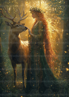 Flidais Art Print Celtic Forest Goddess with Deer Green Dress Nature ...