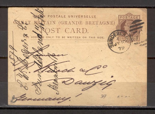 Stationery K71 Great Britain 1879 Post card P-16 used to Danzig Germany ...
