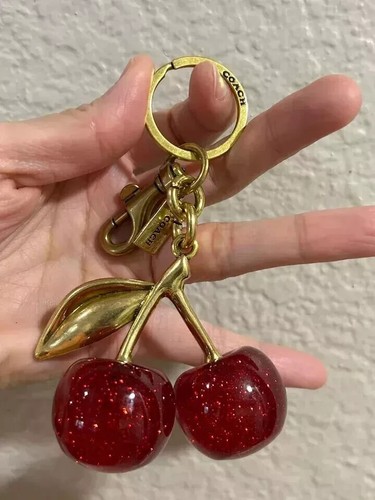 Coach Cherry Bag Charm KeyChain Glitter resin and metal Brass Red Apple ...