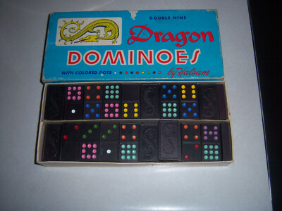 VTG. Dragon Dominoes Colored Dots Halsam Double Nine 53pcs. Original ...