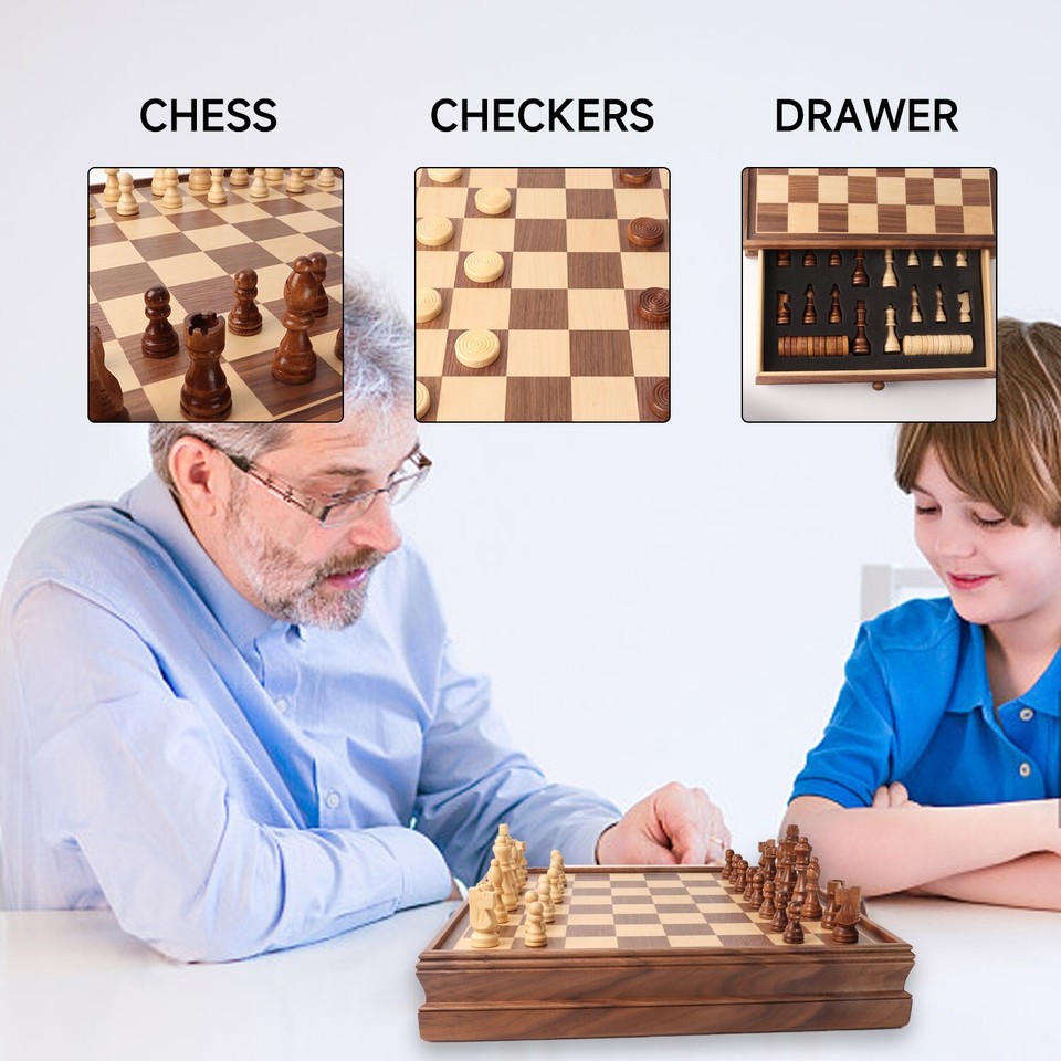 15" Large Wooden Chess/Checkers Board Game with Game Pieces. Kids ...
