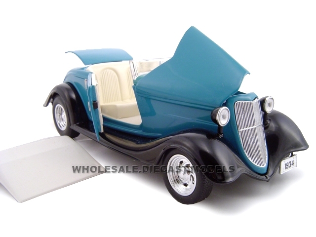 1934 FORD CUSTOM CONVT. 1:24 BLUE DIECAST MODEL CAR BY UNIQUE REPLICAS ...