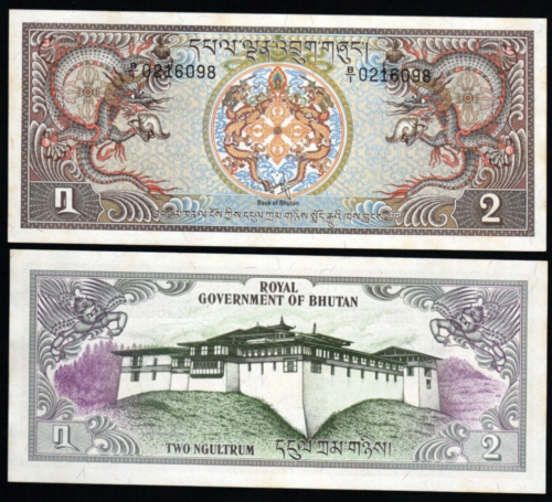 Bhutan 2 NGULTRUM P-6 1981 Bhutanese DRAGON Large Size "B/1" UNC ...