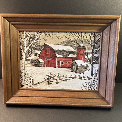 Vintage KAY DEE HandPrints 100% Pure Linen Framed Farm Winter Scene 11 ...