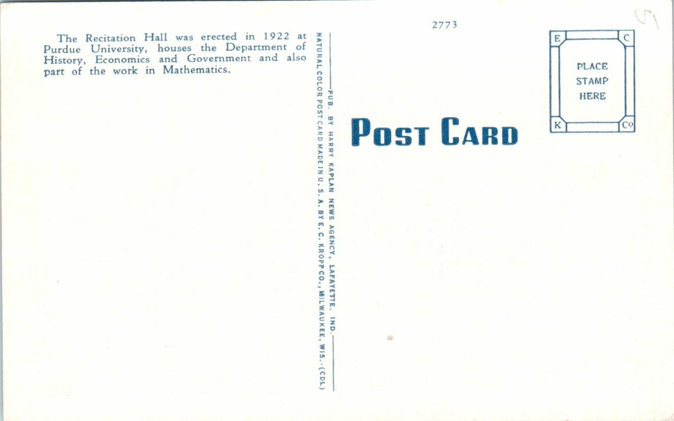 1940s IN Postcard Purdue University Recitation Hall La Fayette History ...