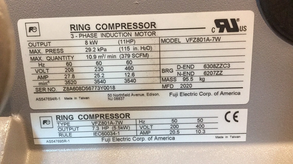 Fuji Electric VFZ801A-7W Ring Compressor ReGen Blower Teral MUH8CAB 11 ...