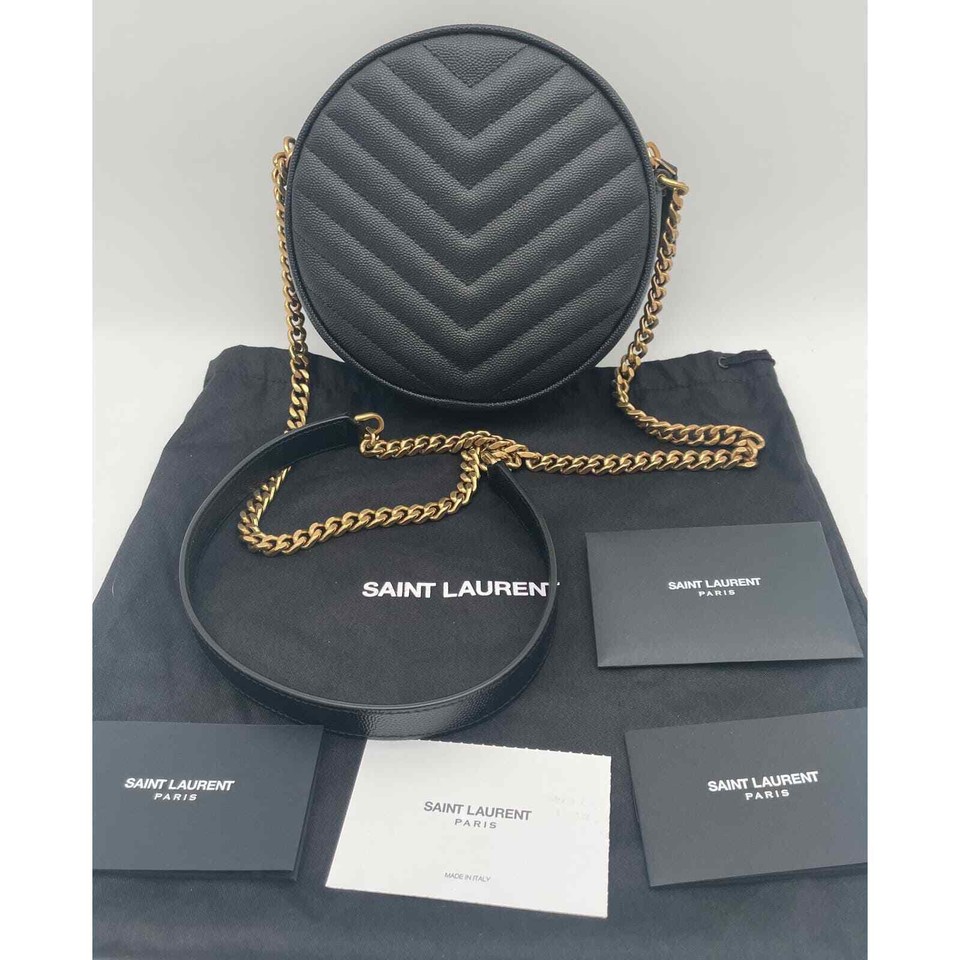 NEW SAINT LAURENT BLACK GOLD LEATHER CIRCLE ROUND CROSSBODY BAG PURSE ...