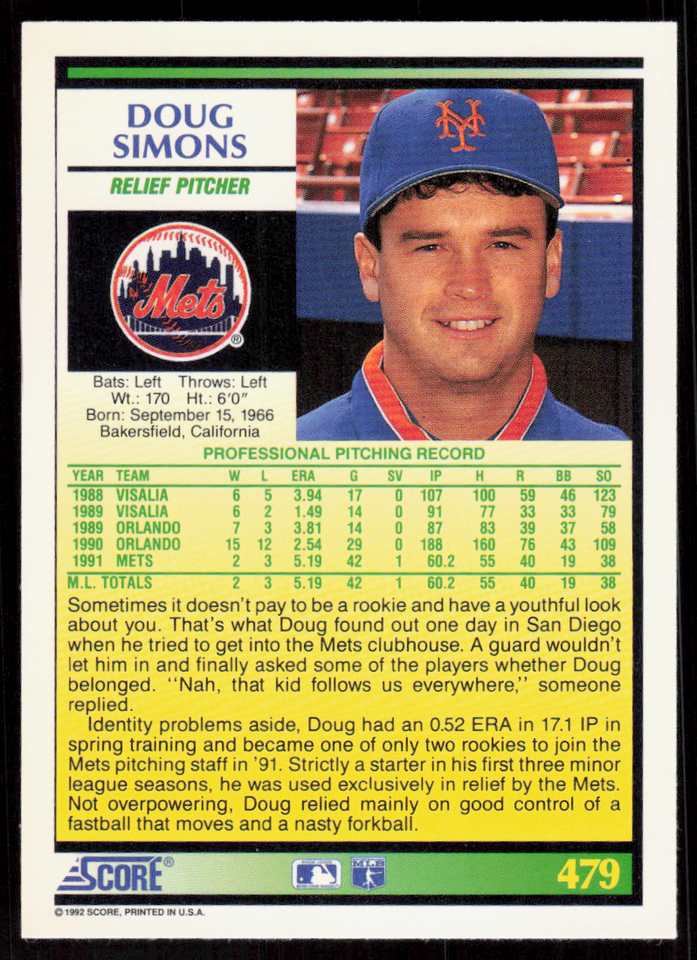 1992 Score 479 Doug Simons New York Mets | eBay