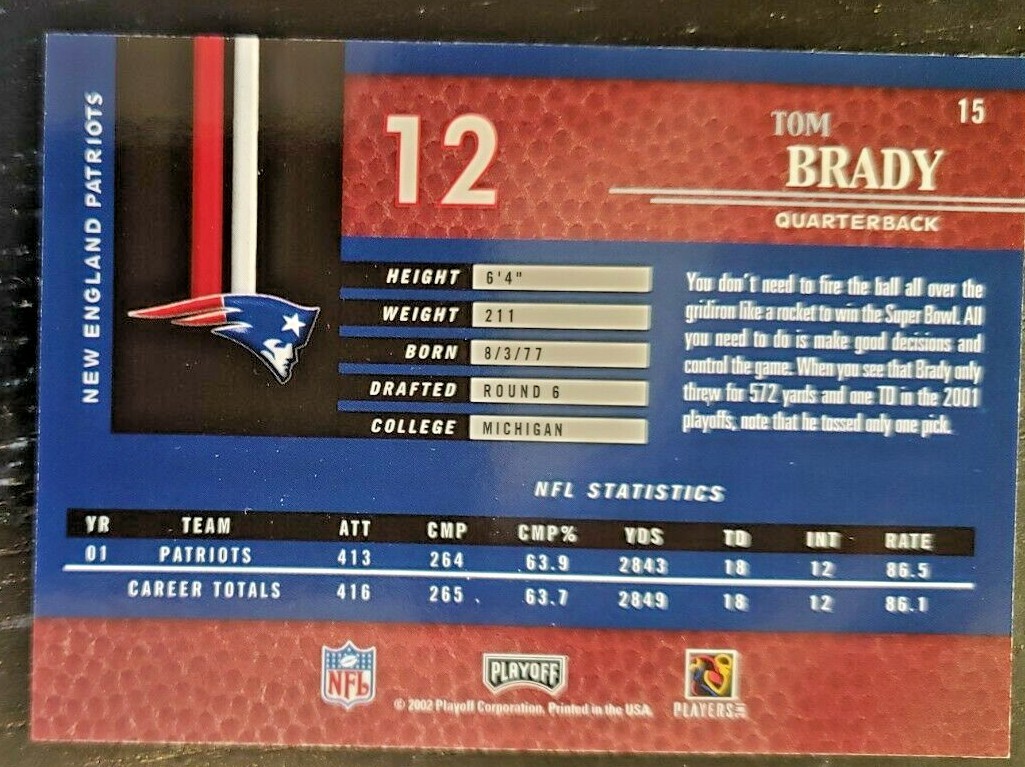 2002 Playoff Piece of the Game #15 Tom Brady Team: New England Patriots ...