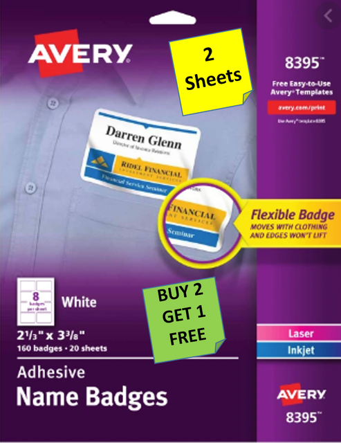 [3 Sheets] Avery 8395 Adhesive Flexible Name Badges 8 badges per sheet ...