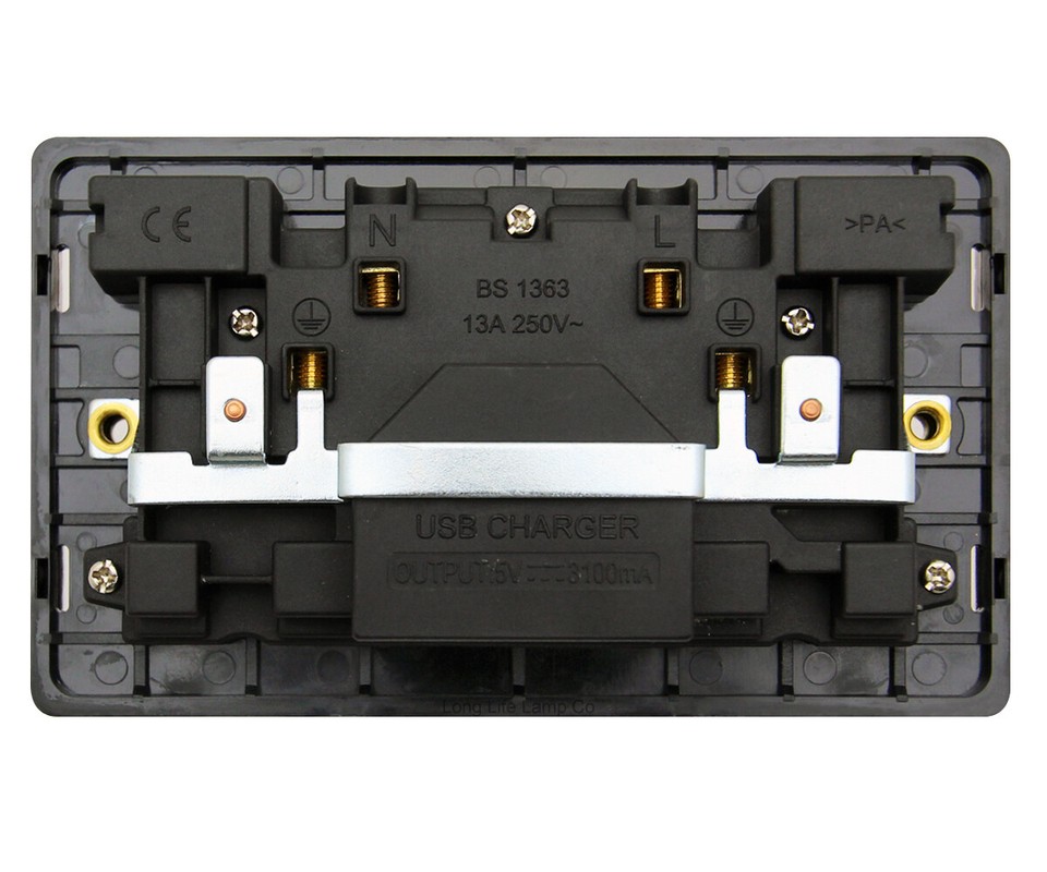 Double Wall Plug Socket 2 Gang 13A with 2 USB Ports Screwless Slim Flat ...