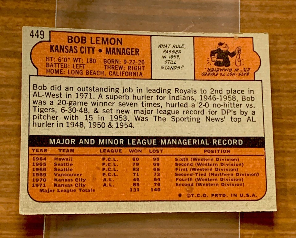 1972 Topps Baseball Card # 449 Bob Lemon , Kansas City Royals | eBay