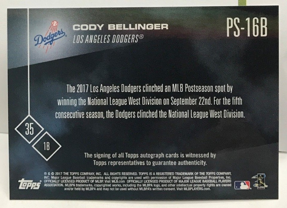 Cody Bellinger 2017 Topps Now Postseason RC Autograph Auto Blue #d/49 ...