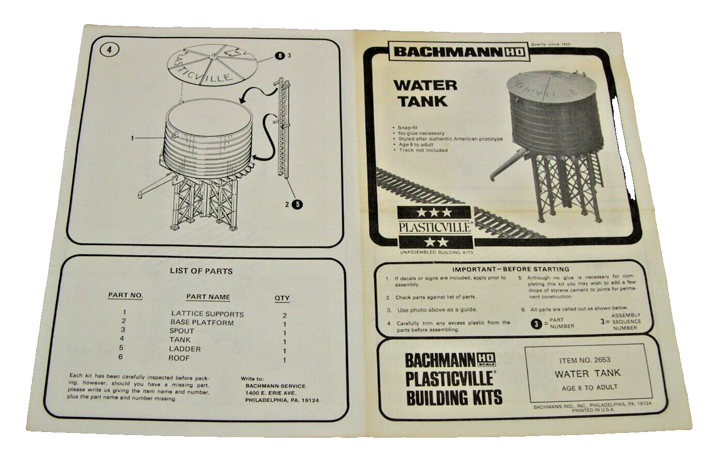 Bachmann Instruction Sheet for Plasticville #2365 Water Tank Kit | eBay