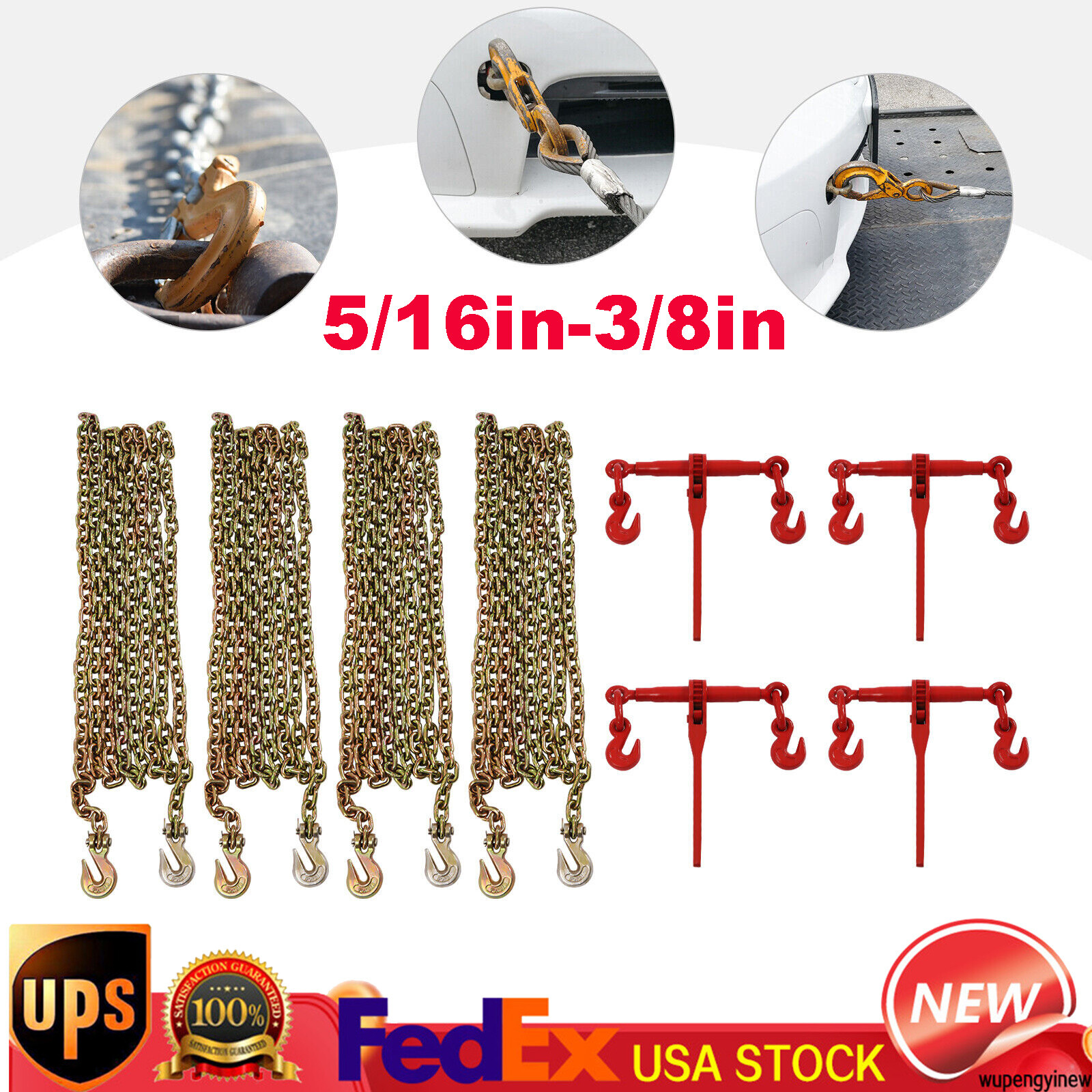 Chain and Binder Kits Ratchet Load Binder 5/16''- 3/8''+20ft Chains 4 ...