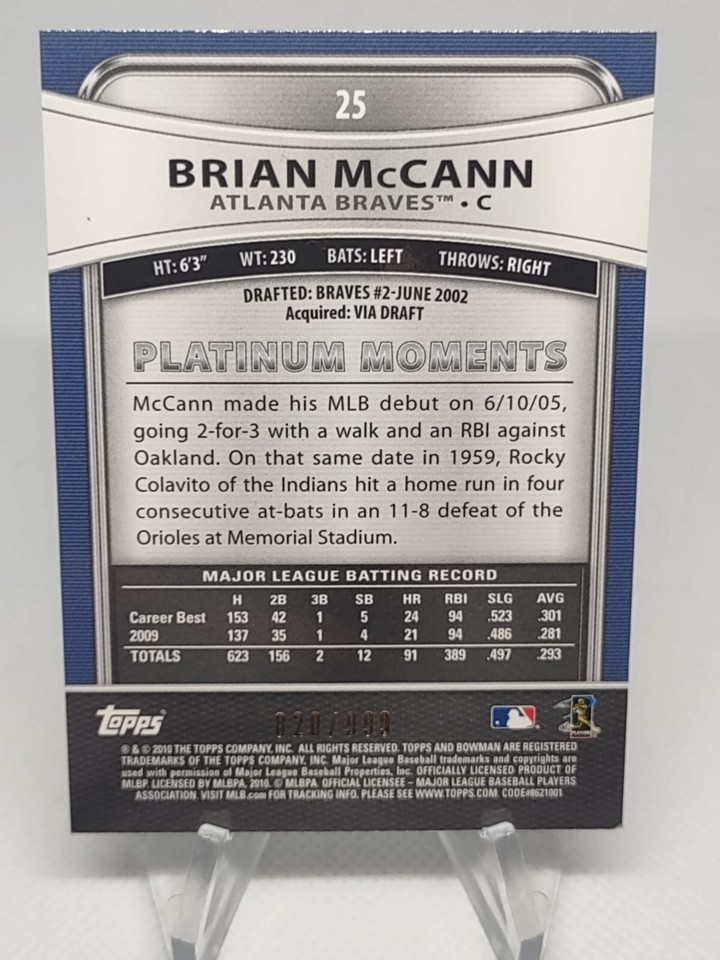 2010 Topps Platinum Moments Brian McCann /999 Card No.25 Atlanta Braves ...