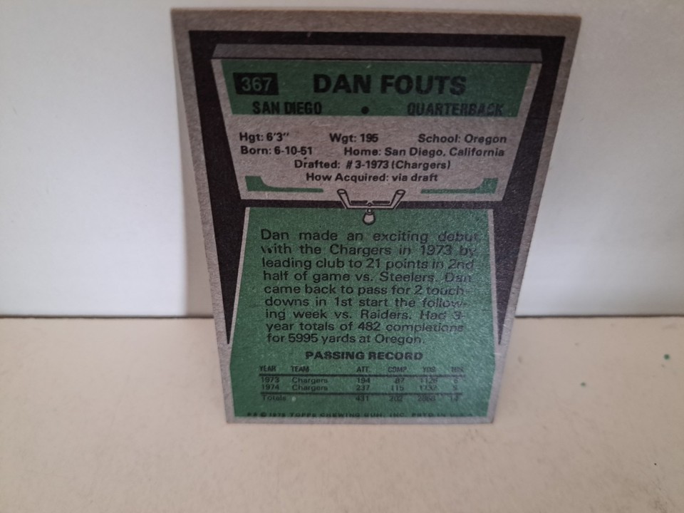 DAN FOUTS 1975 VINTAGE CARD Topps #367 Rookie Rc SAN DIEGO CHARGERS QB ...