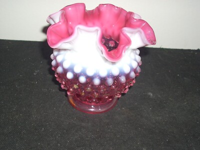 VINTAGE FENTON CRANBERRY HOBNAIL OPALESCENT FANCY RUFFLED VASE pink ...