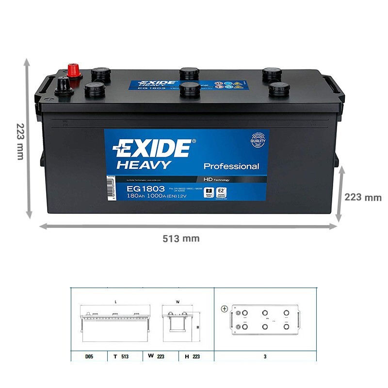 BATTERIA EXIDE HEAVY PER CAMION 12V 180 AH SPUNTO 1000A PROFESSIONAL ...