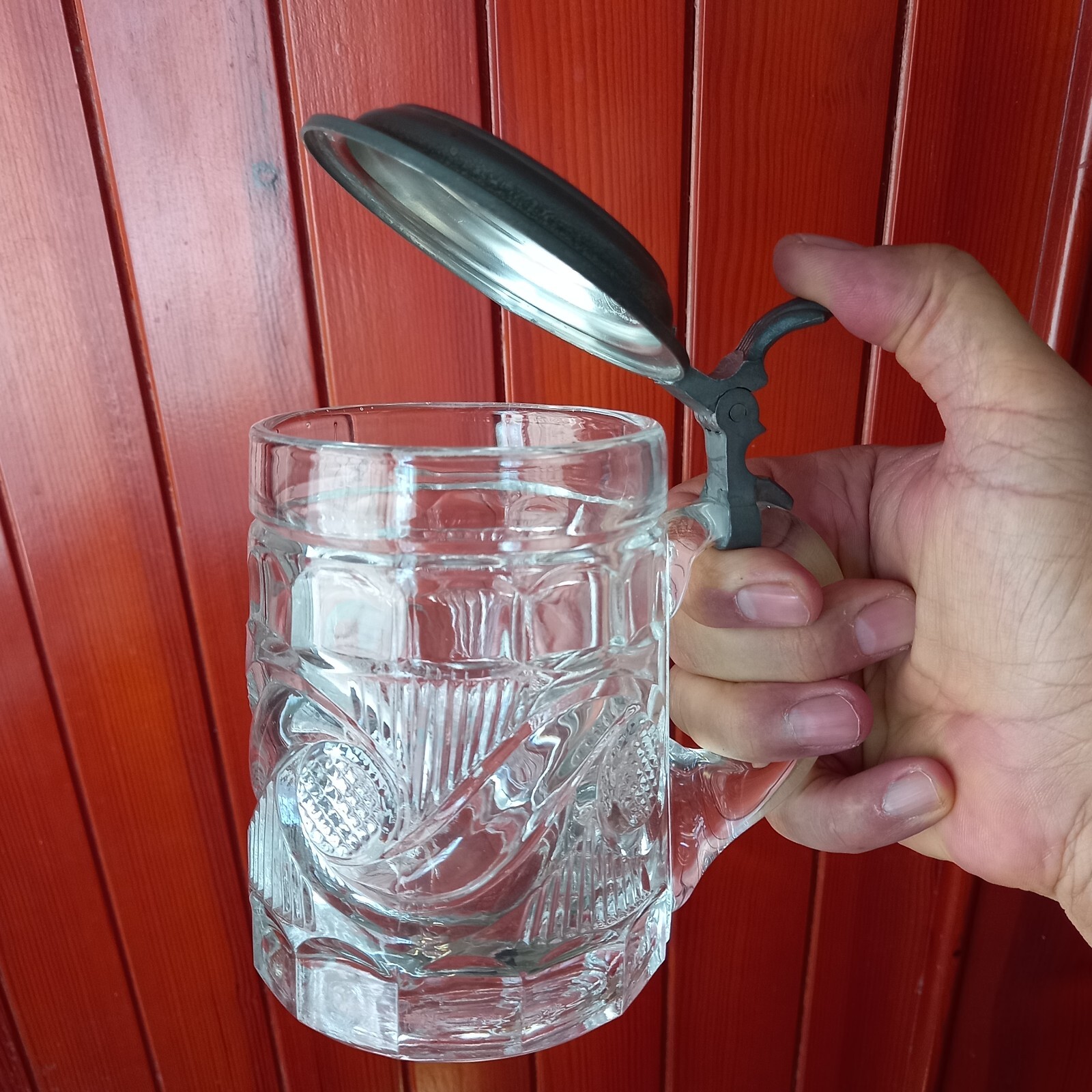 German Glass Pewter Beer Mug Stein Vintage Lid Decorated Brand/Prost ...