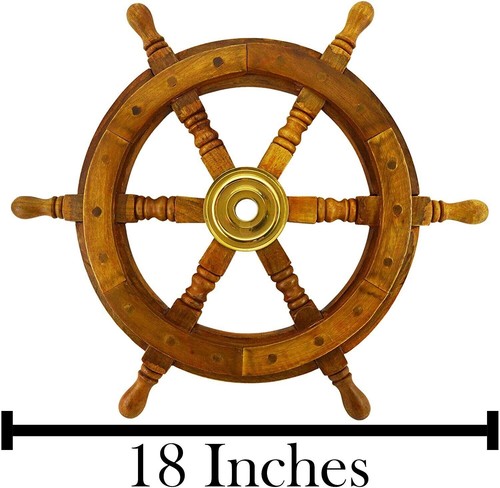 18" Wooden Ship Steering Wheel Nautical Pirate Decor Wood Brass Fishing ...