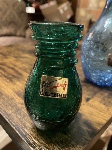 (2) Pilgrim Glass Blue/Green Crackle Glass 4” & 6”, Original Vintage ...