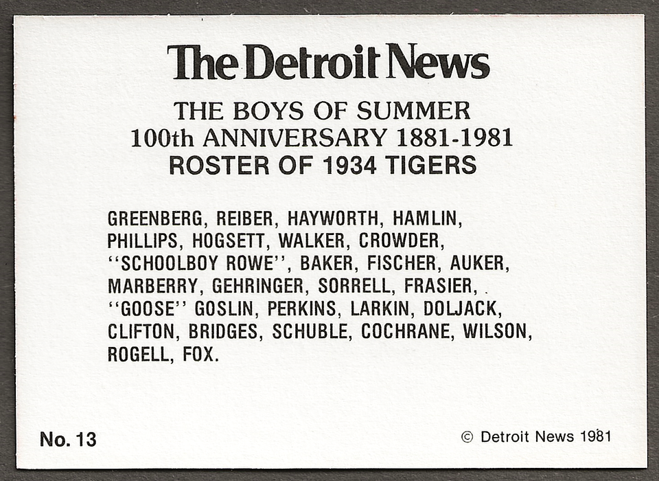 1881-1981 "DETROIT NEWS" #13 DETROIT TIGERS 1934 TEAM PIX & ROSTER | eBay