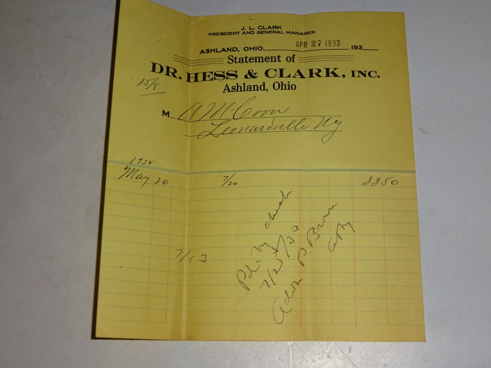 1933 letterhead Dr. Hess & Clark Inc. Ashland, OH 4/27/33 | eBay