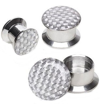 PAIR-Carbon Check Silver Steel Stash Screw On Ear Plugs 12mm/1/2" Gauge ...