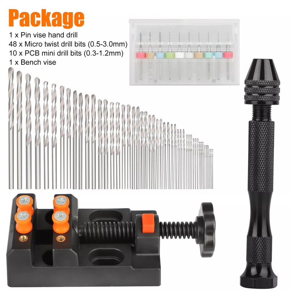 60Pcs Mini Micro Hand Drill Bits Set Small Manual Keyless Chuck Pin Vise Rotary | eBay