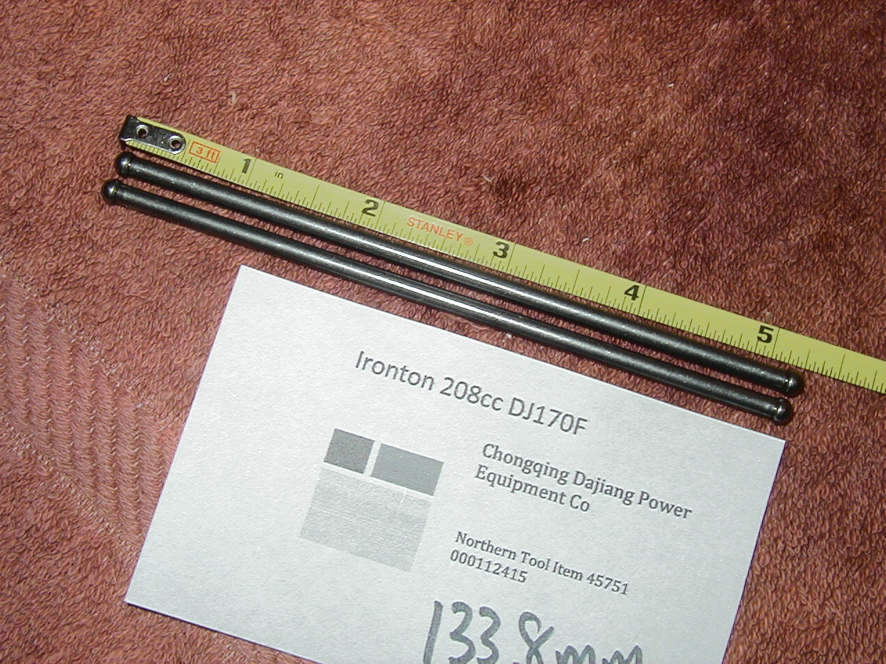 Ironton 208 cc Northern Tool 45751 Engine Parts- (2) Push Rods 133.8mm ...