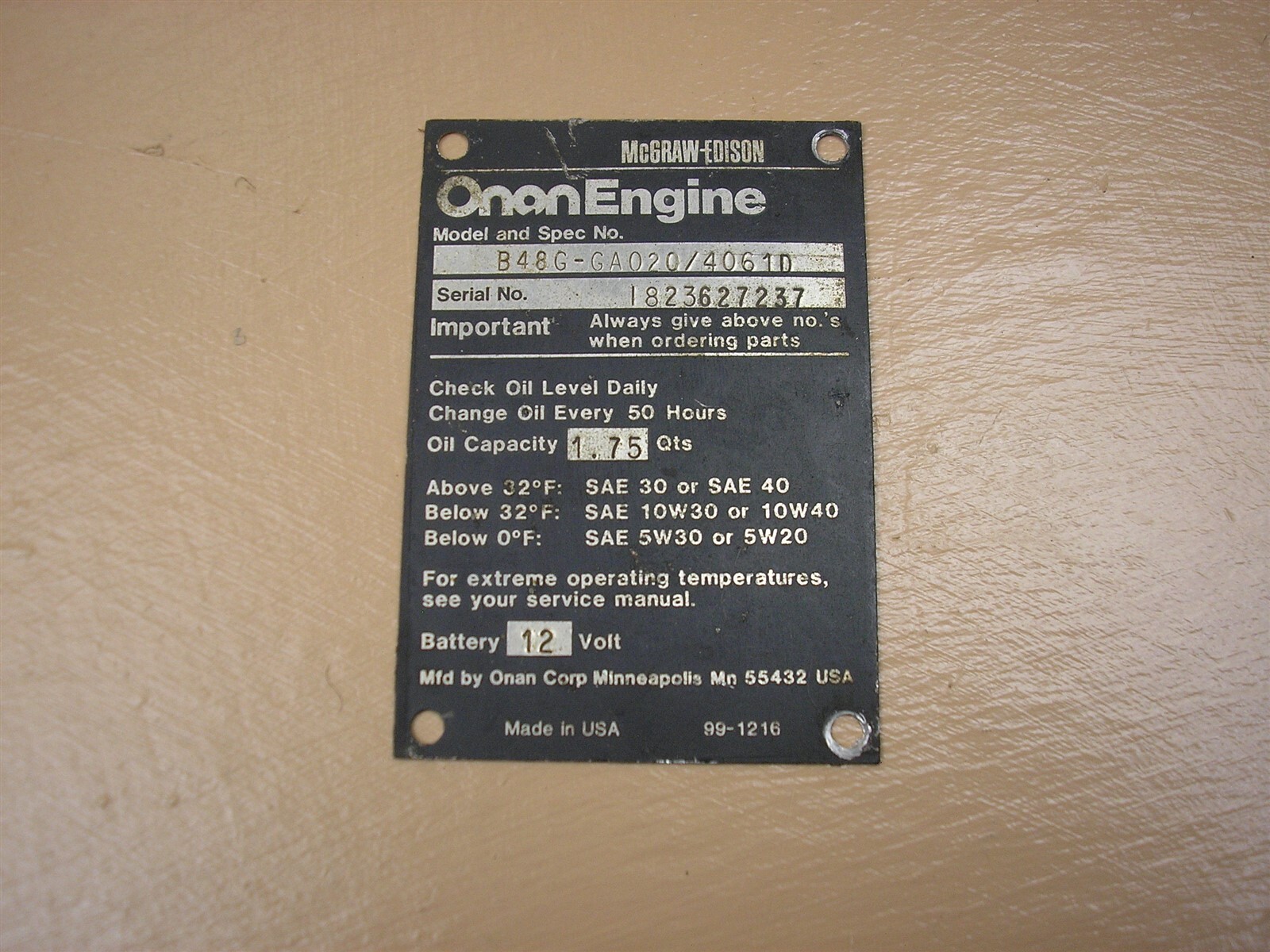 John Deere 420 Garden Tractor Onan B48G 20HP Engine Identification Tag ...
