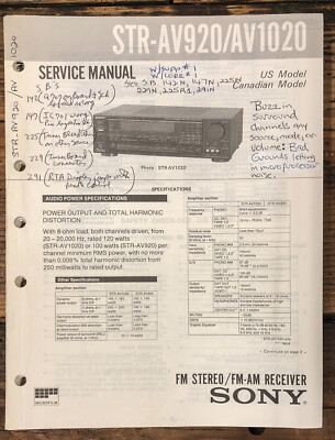 Sony STR-AV920 STR-AV1020 Receiver Service Manual *Original* | eBay