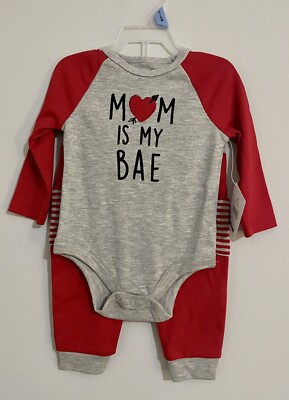 🌷Baby Valentine’s Day 2 Piece Outfit “Mom Is My Bae” Red Gray Infant 3 ...