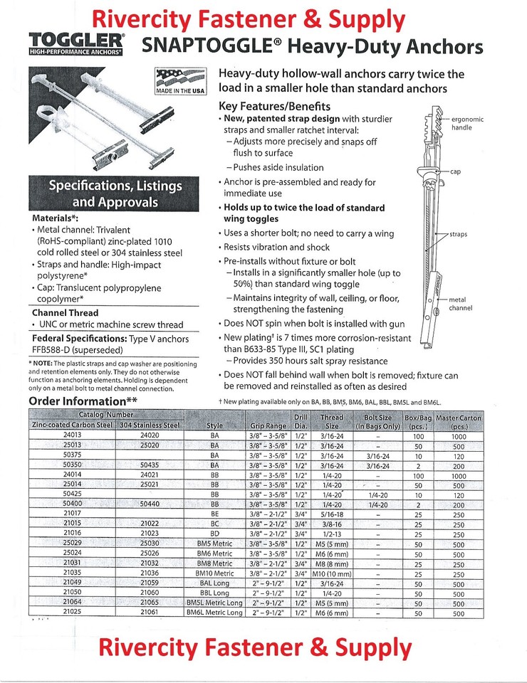 (50) Toggler Snap Toggle BA 3/16" Heavy Duty Strap Toggle Bolts Anchor ...