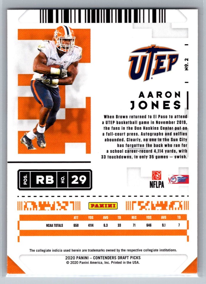 Aaron Jones 2020 Panini Contenders Draft Picks FOOTBALL #2 UTEP Miners ...