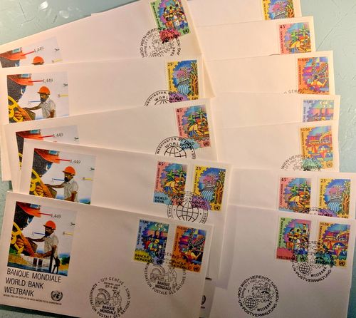 1989 UN World Bank complete 12-cover FDC set NY Geneva Vienna + inserts ...