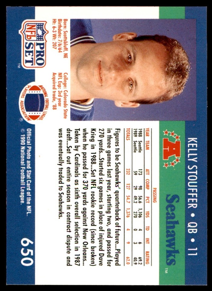 1990 Pro Set Kelly Stouffer Seattle Seahawks #650 | eBay