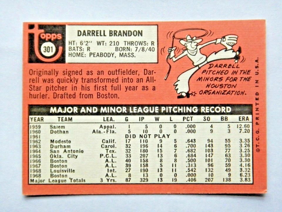Darrell Brandon #301 Topps 1969 Baseball Card (Seattle Pilots) E | eBay