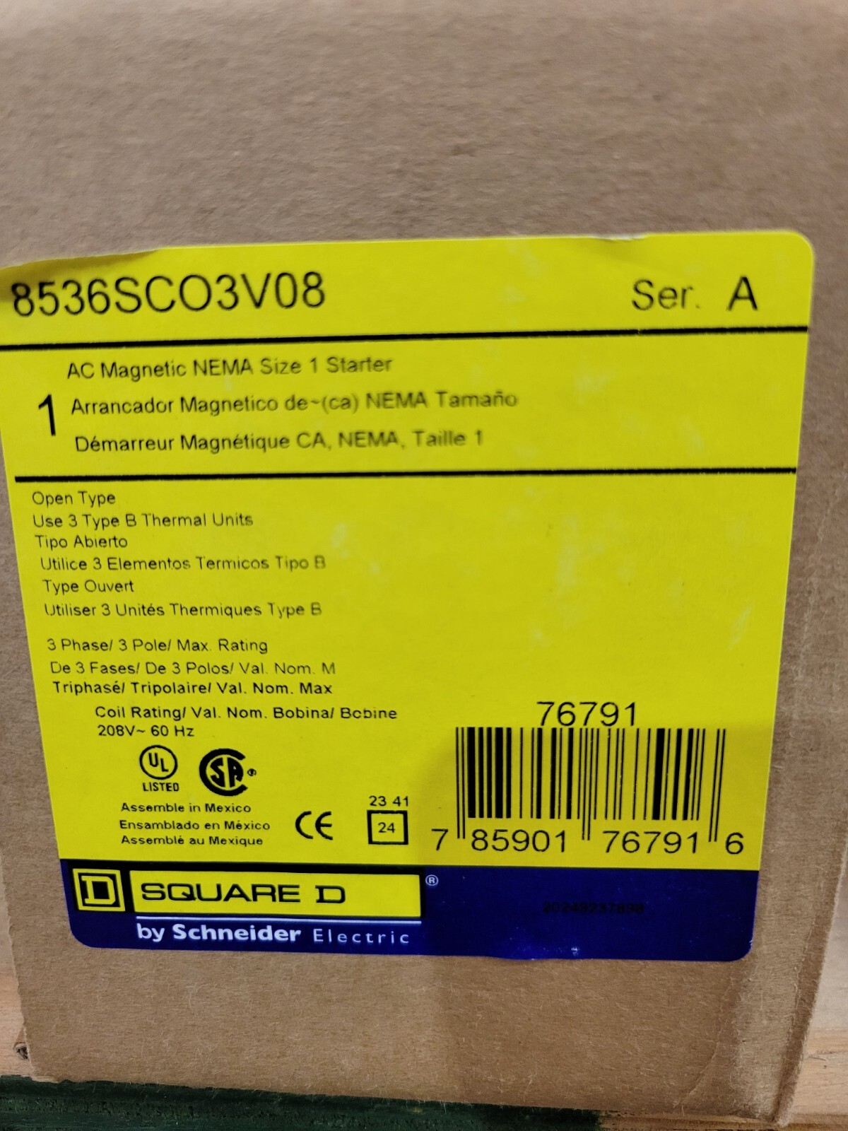 SQUARE D 8536SCO3V08 3PH 3P 208V 60HZ MAGNETIC STARTER BRAND NEW IN BOX ...